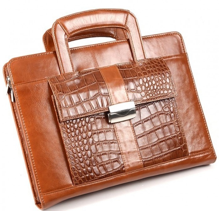 iPad Executive Portfolio With Brown Crocodile-Patterned Leather Trim
