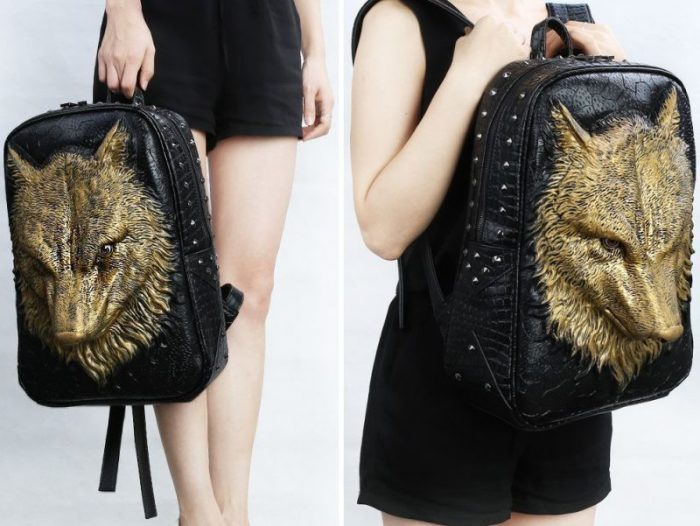 3D Animal Wolf Studded College Backpack