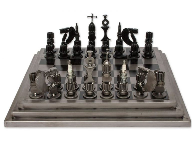 Upcycled auto part chess set