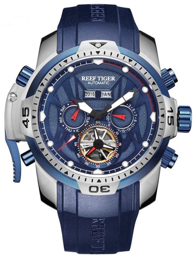 Reef Tiger Sport Watch Mens Blue Dial Steel Luminous Automatic Watch