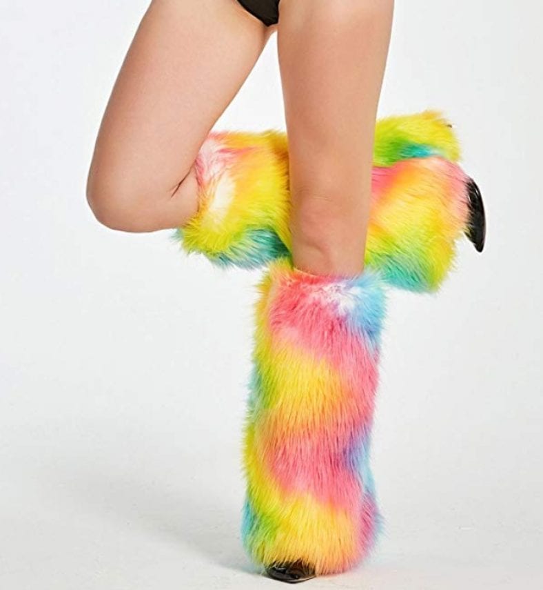 Furry Leg Warmer Fluffies Spandex Elastic Cuff Faux Fur Tie Dye Rainbow ...