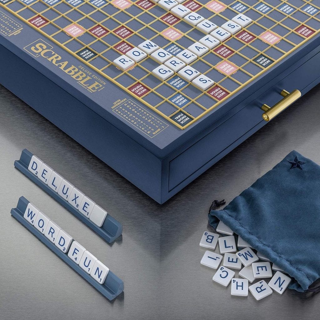 Scrabble Navy Luxe Edition with Rotating Wooden Game Cabinet